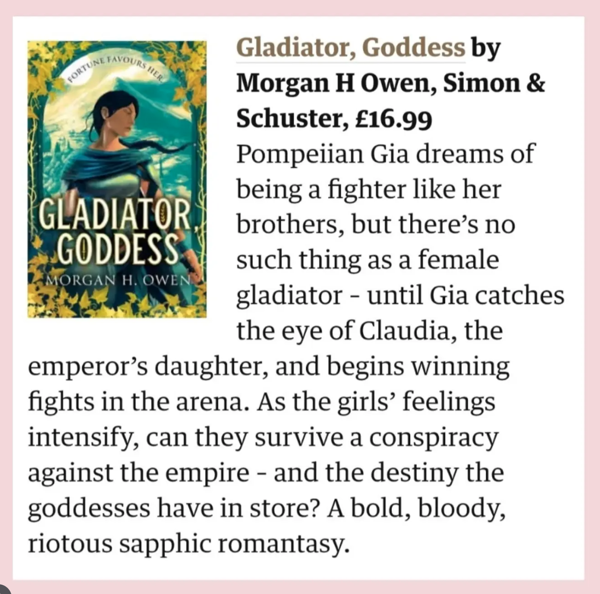 Guardian review for GLADIATOR, GODDESS | Hannah Sheppard Literary Agency